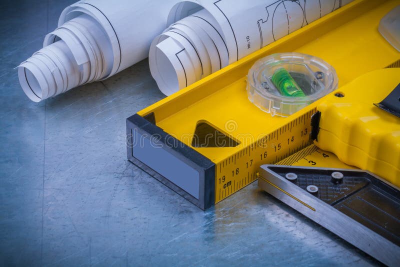 Construction Drawings and Level Tape Measure Stock Image - Image of ...