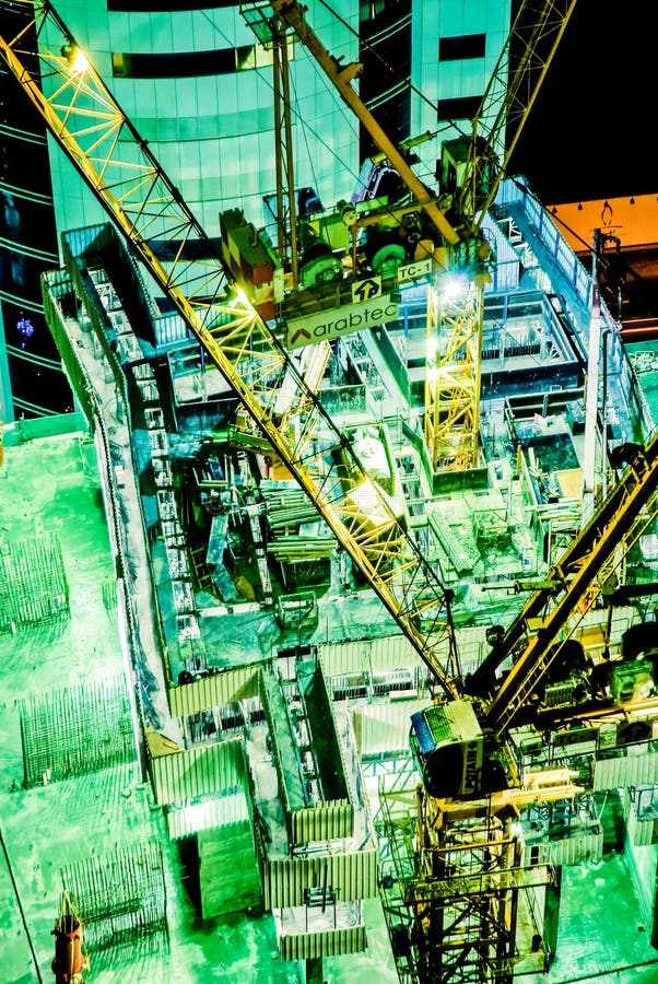 Construction Dubai Night Cranes Editorial Image - Image of construction ...