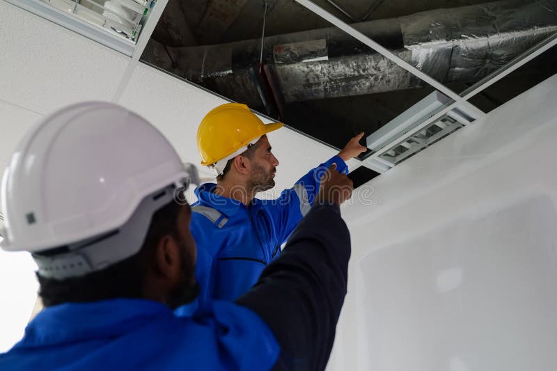 Engineers Technicians with Safety Helmet Working Installing and ...