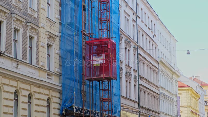 Construction Elevator Moving Down Building Wall Exterior Repair Old ...