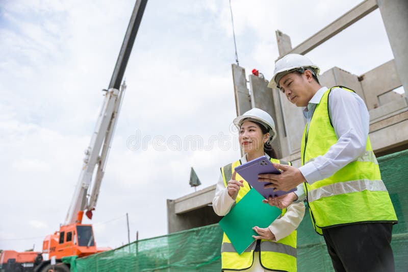 Construction Engineer Builder Working Team, Lead Architect Manager Site Inspection House ...