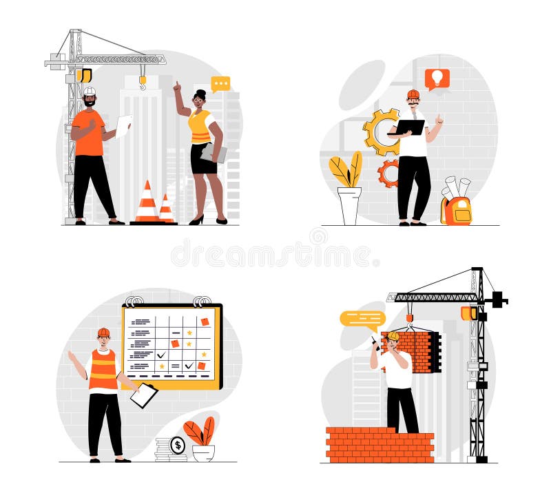 Construction Engineer Concept with Character Set. Vector Illustrations Stock Illustration ...