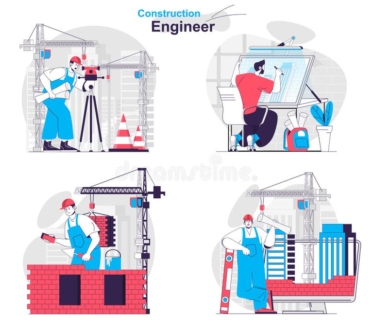 Construction Engineer Concept Set. Surveyor, Architect, Builder and ...