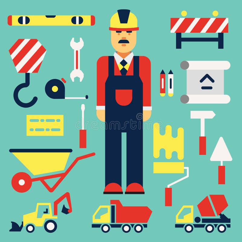 Construction. Engineer with Construction Elements. Flat Illustrations ...