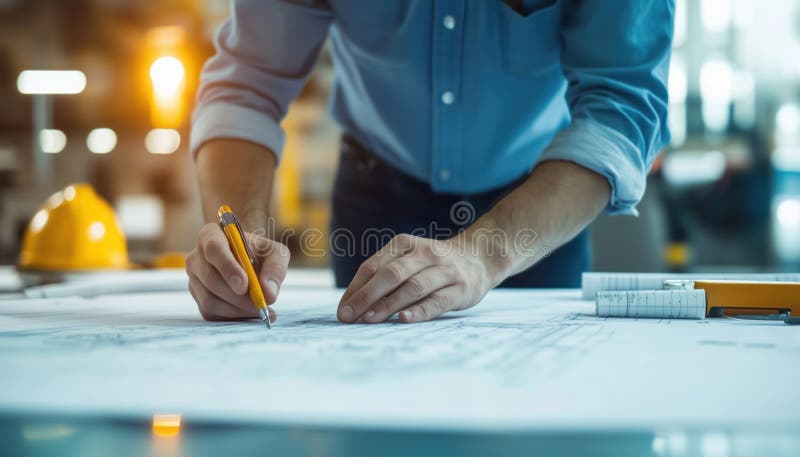 Construction Engineer Designing Blueprints for Constructing Large ...