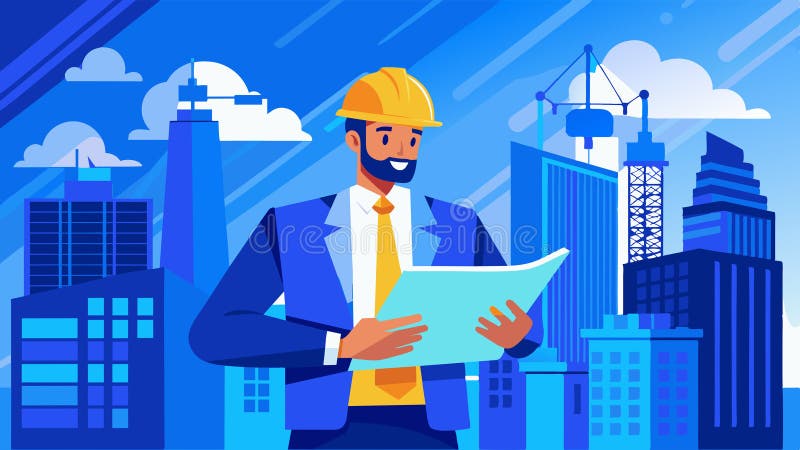 Construction Engineer Holding Plan in Double Exposure Above Blue City ...