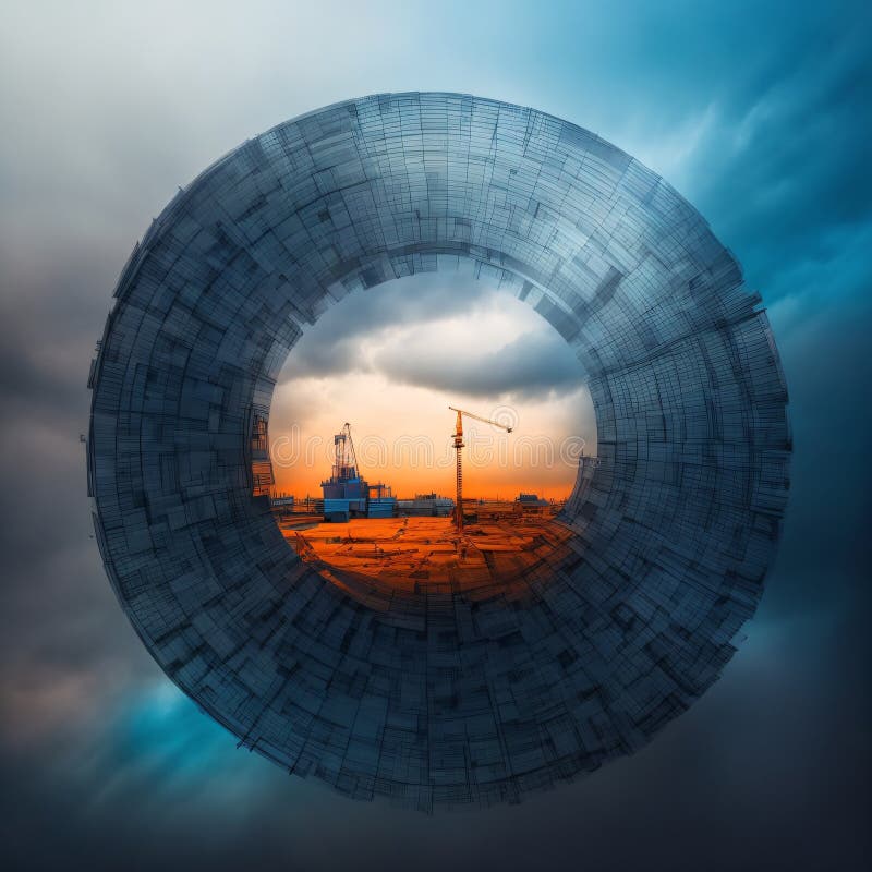 Construction Engineer Holding Plan in Double Exposure Above Blue City ...