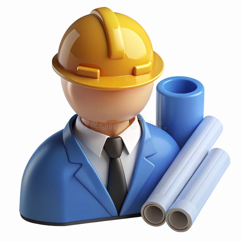 Construction Engineer Icon with Yellow Helmet Blue Suit and Blueprint ...