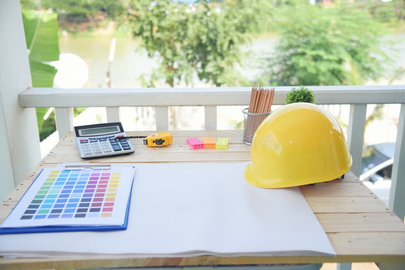 Construction Engineer Office Desk Architect Workplace. Engineer Drawing ...