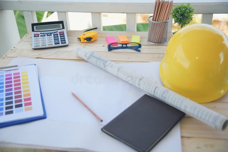 Construction Engineer Office Desk Architect Workplace. Engineer Drawing ...