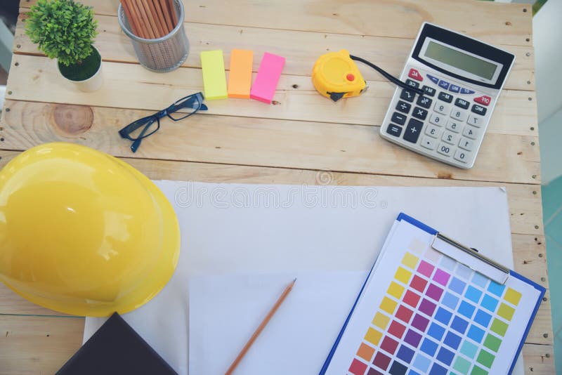 Construction Engineer Office Desk Architect Workplace. Engineer Drawing ...