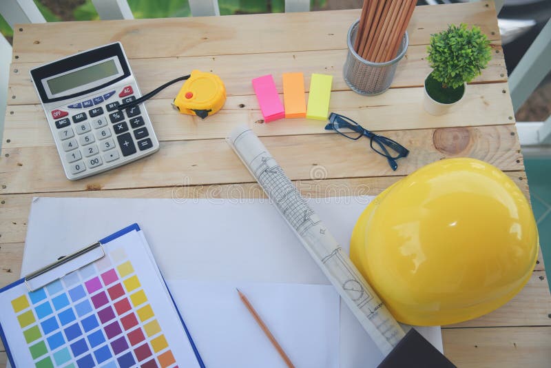 Construction Engineer Office Desk Architect Workplace. Engineer Drawing ...