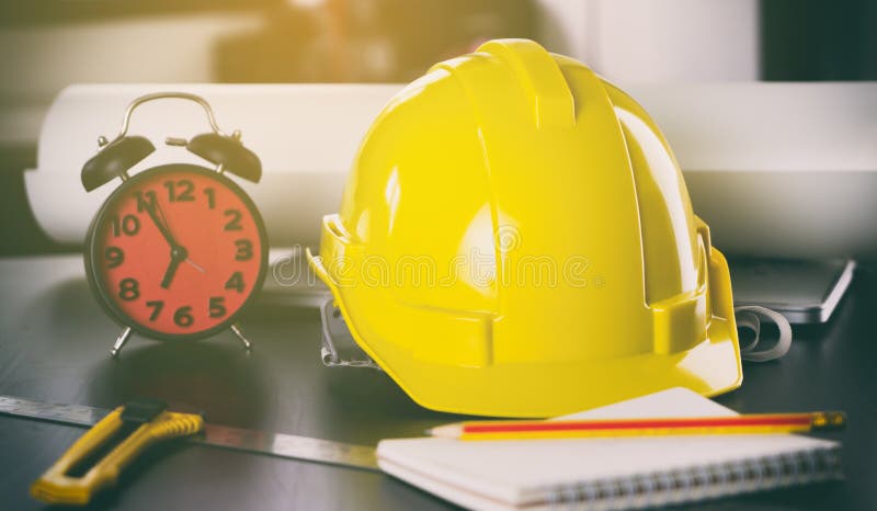 Construction Engineer Office Table with Clock Deadline. Stock Photo ...