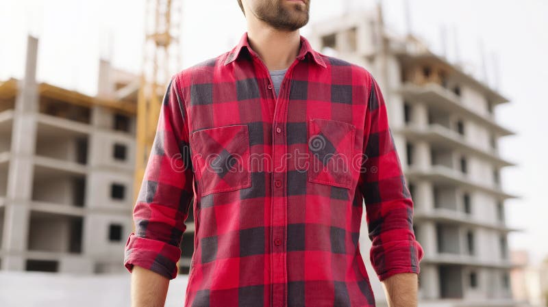 Close Up of Construction Engineer Wearing Red and Black Checkered Shirt ...