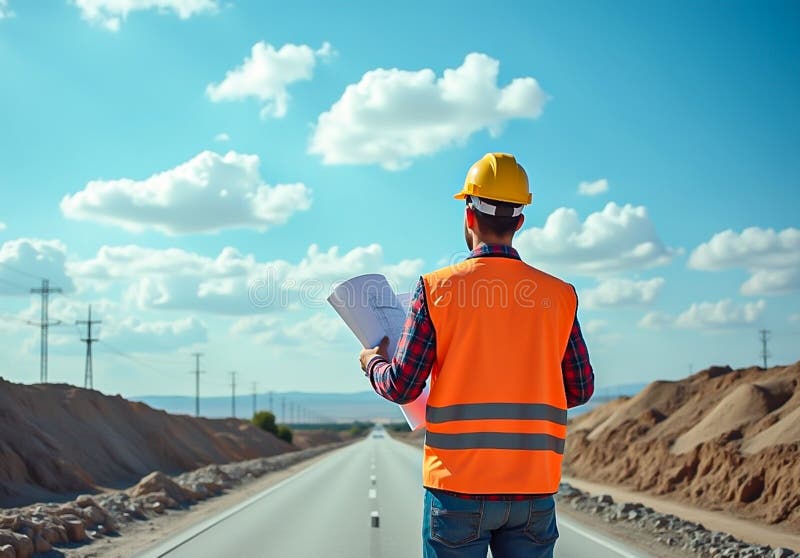 Construction Engineer Reviewing Plans on Highway Project Site ...