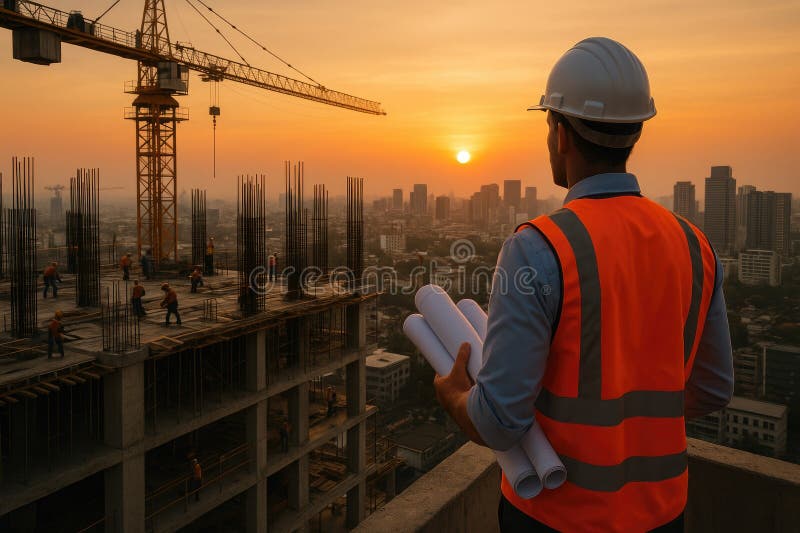 Construction Engineer Sunset Cityscape Project Stock Illustration ...