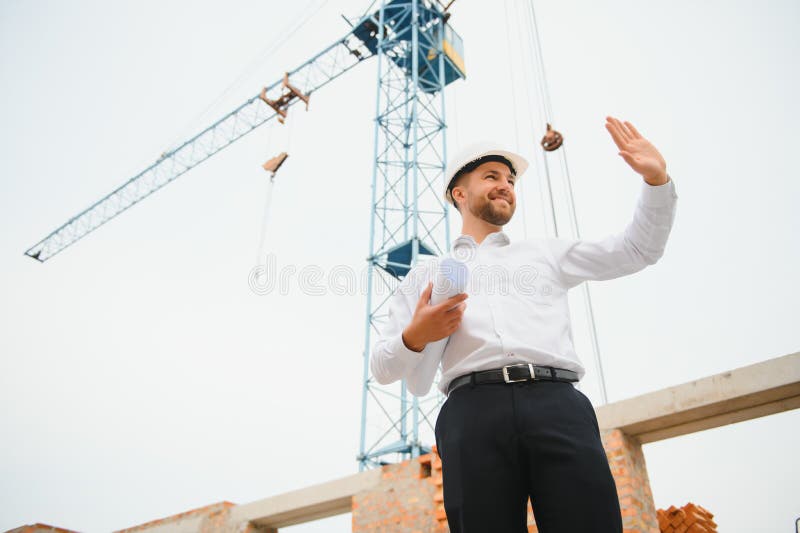 Engineer and Worker Checking Project at Building Site Background ...