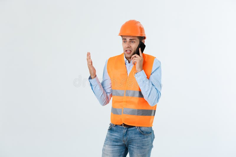 Construction Engineer Talking on Mobile Phone, Serious Adult Male ...