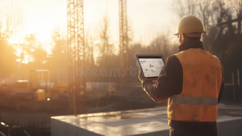 Construction Engineer Using a Digital Tablet To Review Building Plans ...