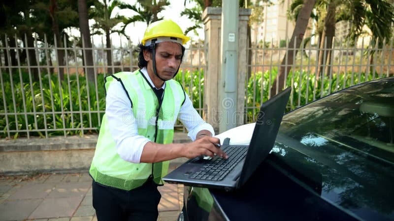 Construction Engineer Using Laptop on Car Trunk Stock Video - Video of ...