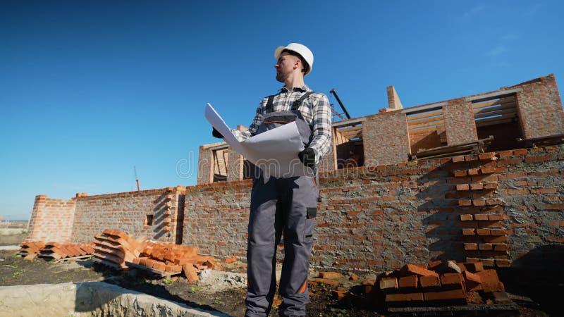 Construction Engineer Reviewing Blueprints at Building Site Stock Video ...