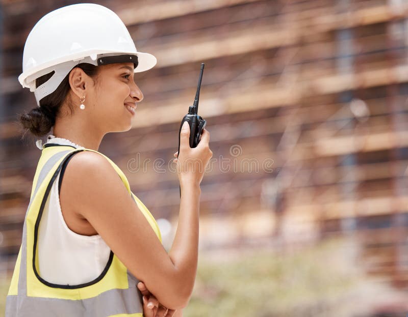 Construction, Engineer and Woman with Walkie Talkie, Communication and ...
