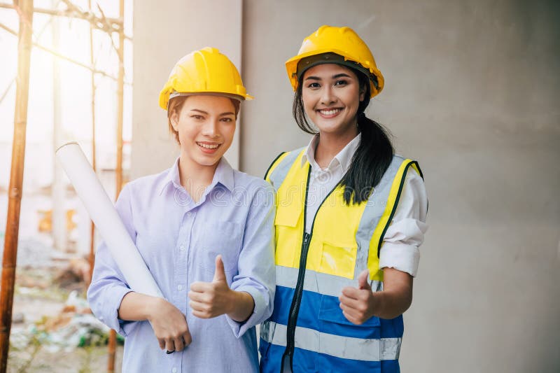 Construction Engineer Women Team Working Builder and Architect Designer ...
