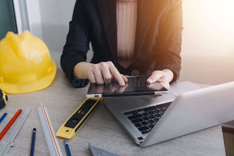 Construction Engineer Working at Blueprint To Build Large Commercial ...