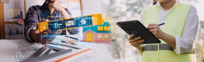 Construction Engineer Working at Blueprint To Build Large Commercial ...