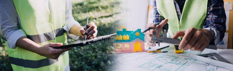 Construction Engineer Working at Blueprint To Build Large Commercial ...