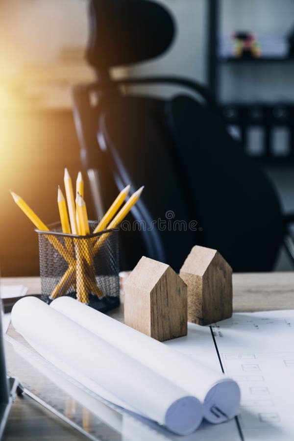 Construction Engineer Working at Blueprint To Build Large Commercial ...