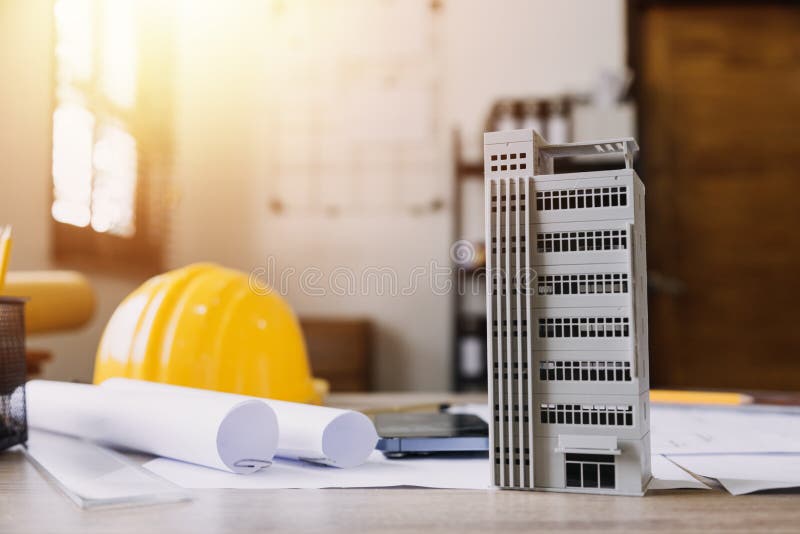 Construction Engineer Working at Blueprint To Build Large Commercial ...