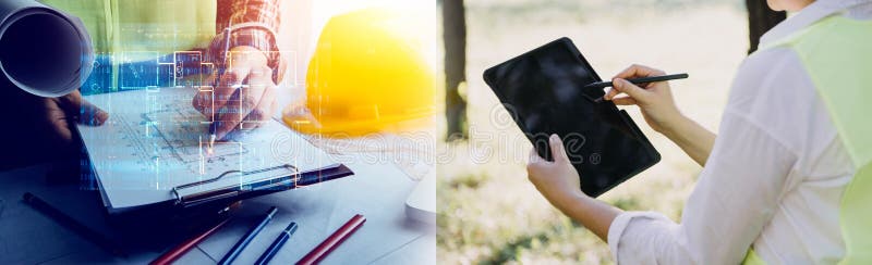 Construction Engineer Working at Blueprint To Build Large Commercial ...