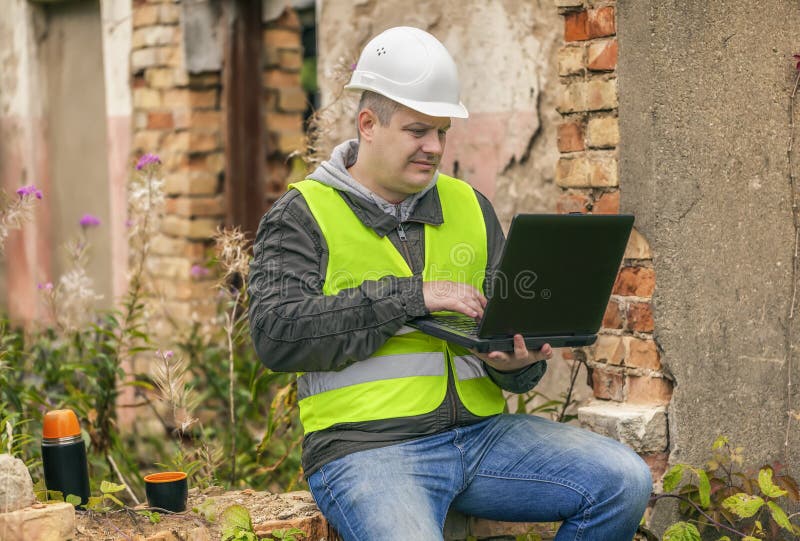 Construction Engineer Working with PC Stock Image - Image of ...