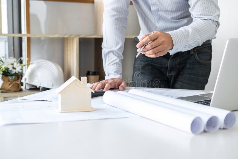 Construction Engineering or Architect Hands Working on Blueprint ...