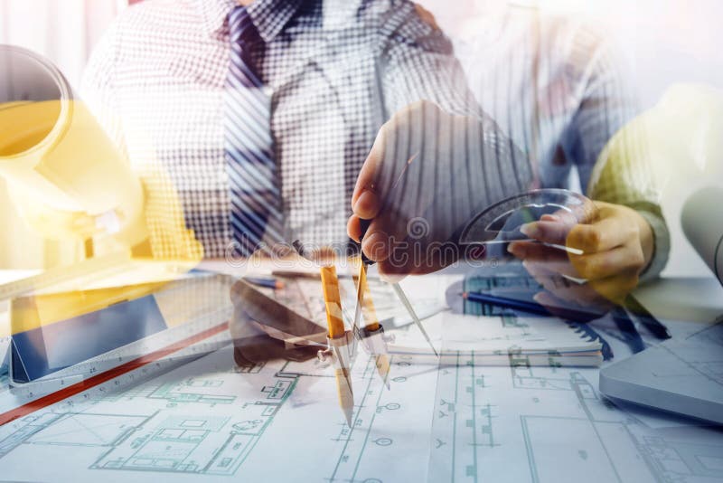 Construction Engineering or Architect Hands Working on Blueprint ...