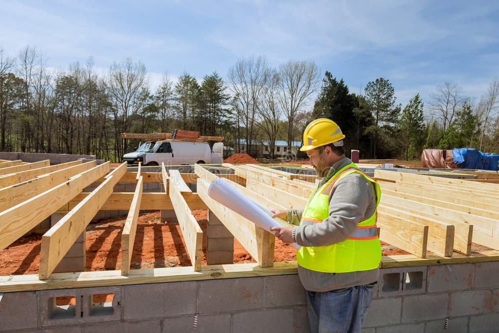 Construction Engineers Check a Construction of New Homes Using Construction Blueprint Plans ...