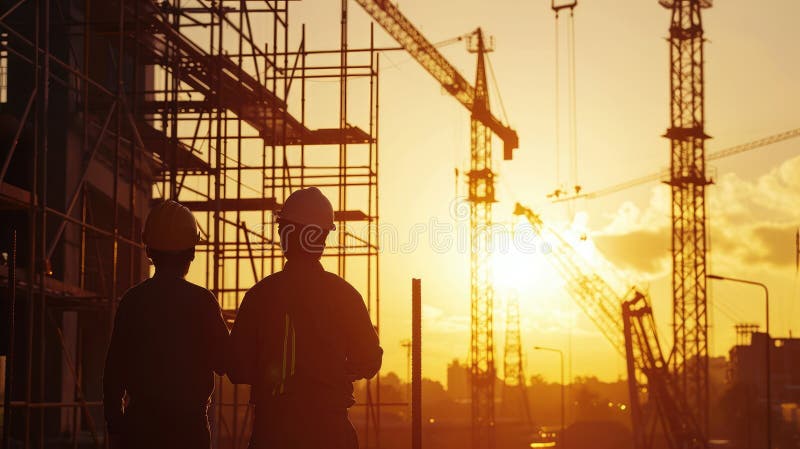 Construction Engineers Overlooking Site at Sunset Silhouette. Stock ...