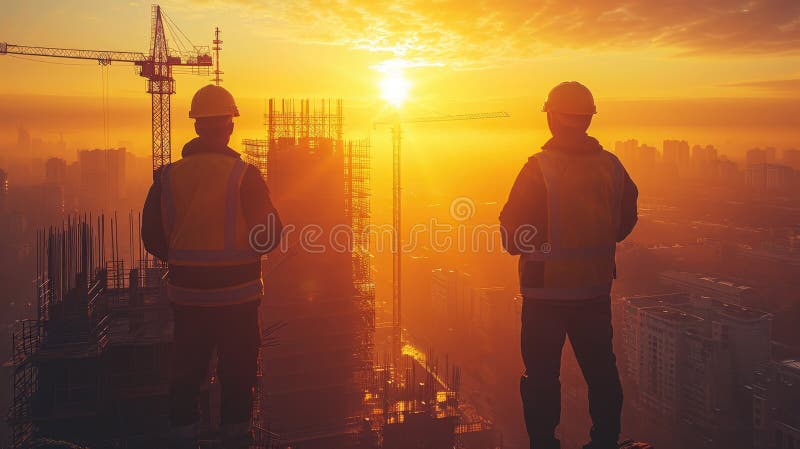 Construction Engineers Overlooking Site at Sunset Silhouette. Stock ...