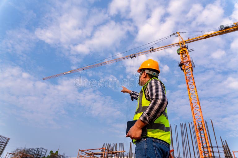Construction Engineers Technician Working Contone Crane Stand in ...