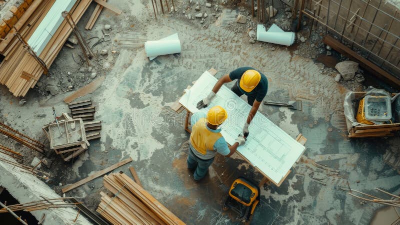 Construction Engineers Working at Construction Site with Blueprint on ...