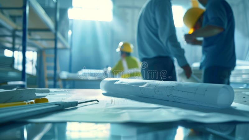 Construction Engineers Working at Construction Site with Blueprint on ...