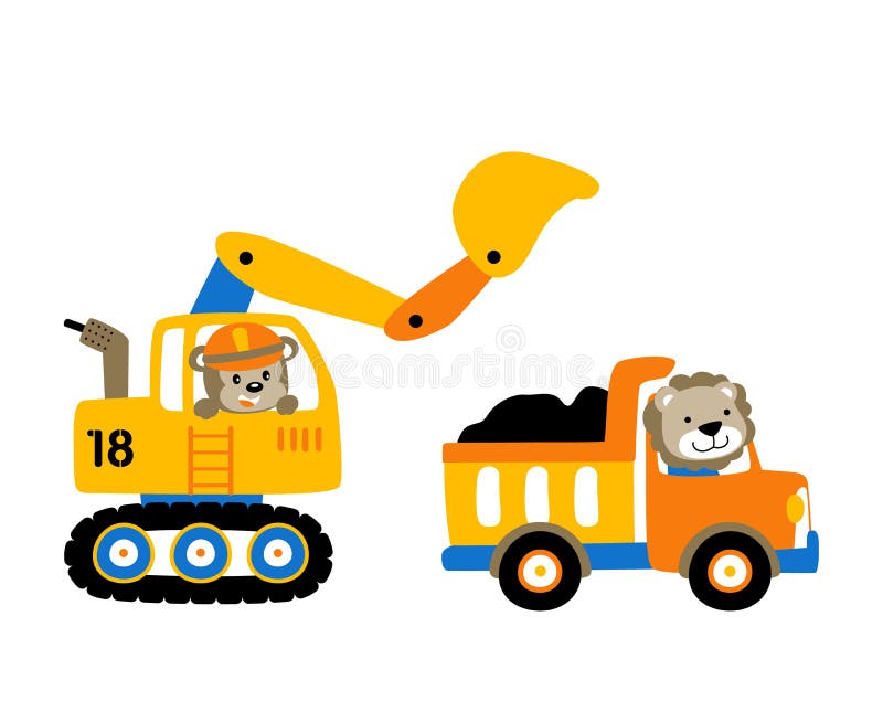 Heavy Equipment Cartoon Vector. Little Animals on Work Zone with Heavy ...