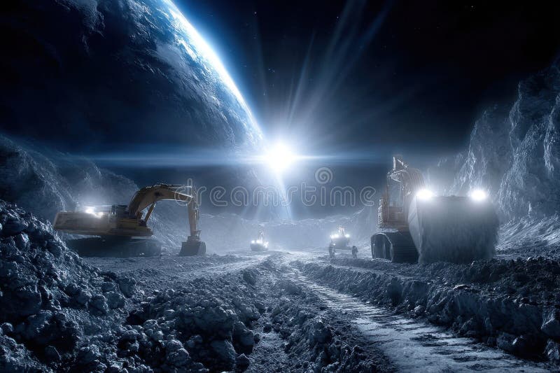 Construction Equipment Operating on the Moon Surface with Earth Visible ...