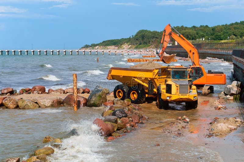 Coastal Protection Measures, Construction Equipment on the Shore, the ...