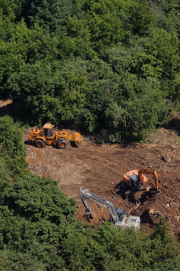 Construction Equipment Works in the Forest among the Trees Stock Photo ...