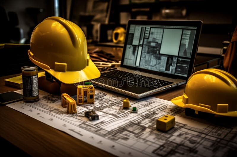 Construction Essentials, Blueprints, Yellow Helmet, and Computer on ...
