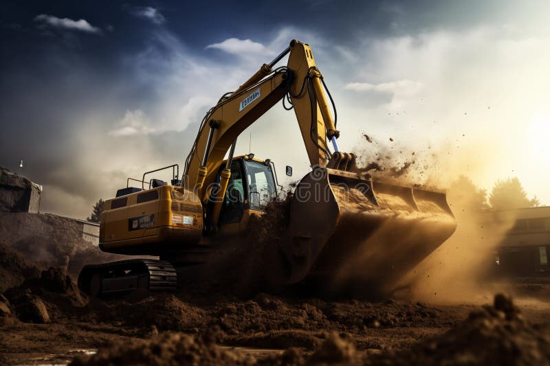 Construction Excavator Digging a Deep Trench at a Construction Site ...