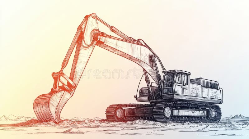 Construction Excavator Sketch Illustration with Detailed Line Art and ...