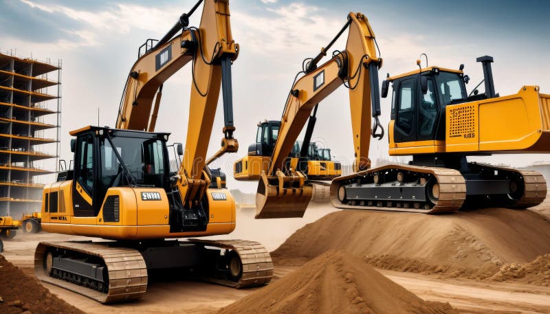 Construction Excavators on a Building Site Stock Photo - Image of ...